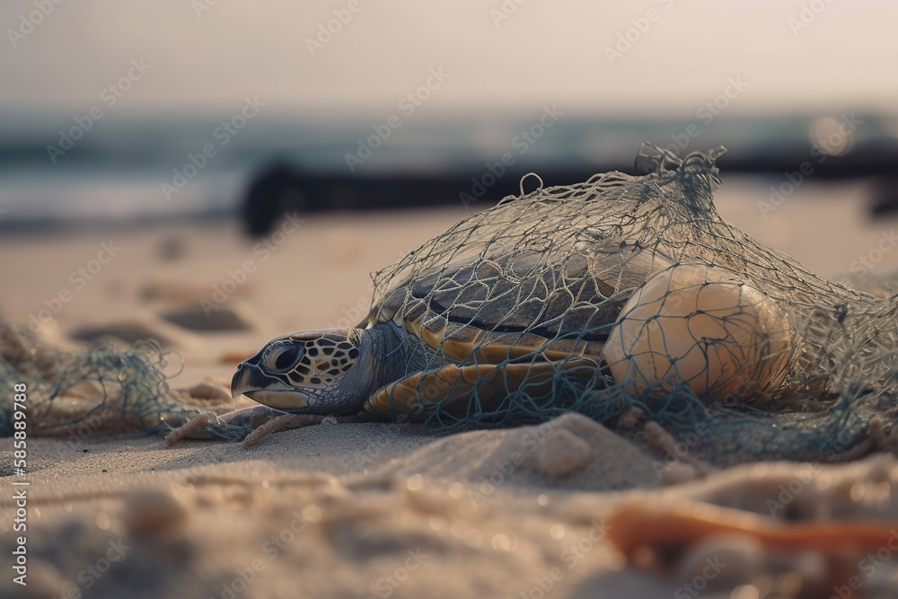 Generative AI illustration of wild tropical marine turtle in net on ...