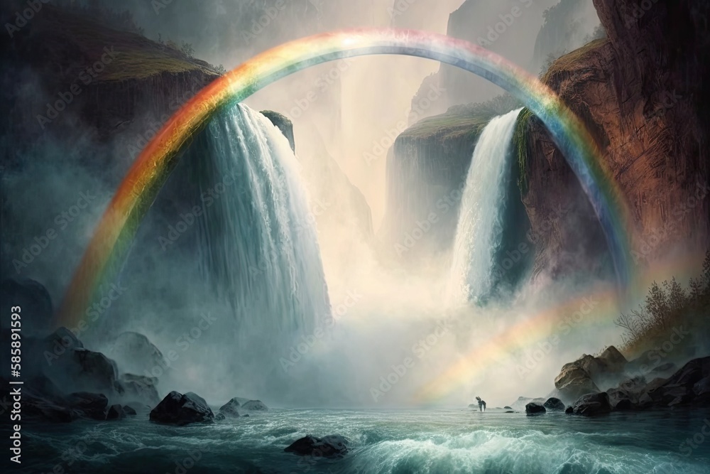 a rainbow arches over a waterfall, with mist billowing from the water ...