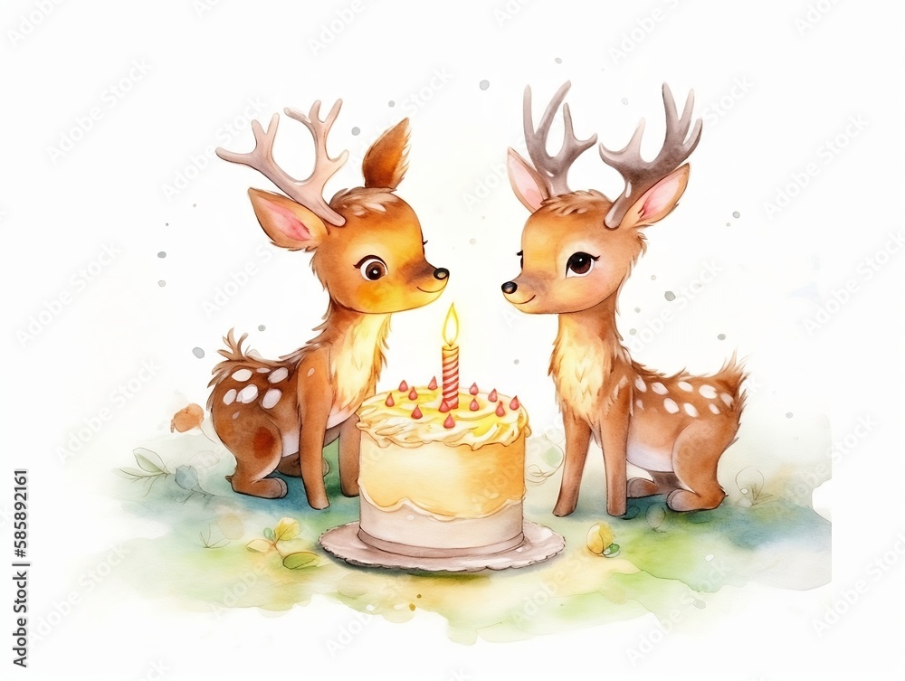 happy deers playing with birthday cake - watercolor illustration on ...