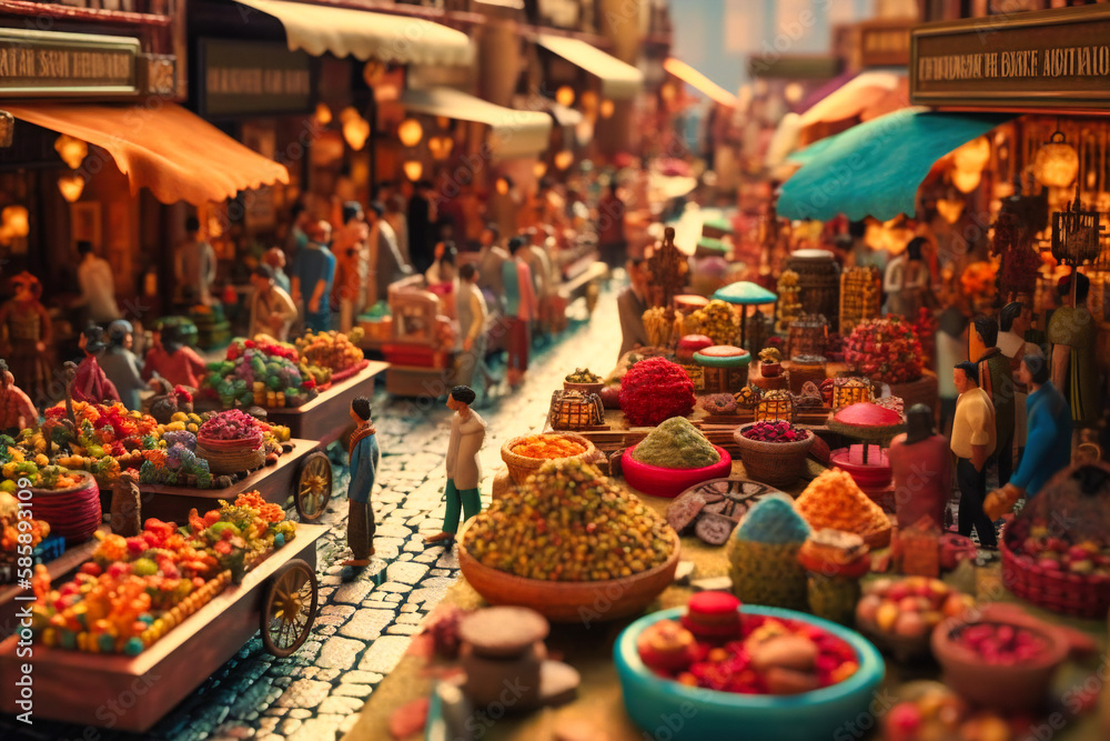 Tourists wandering through a bustling marketplace, sampling exotic ...