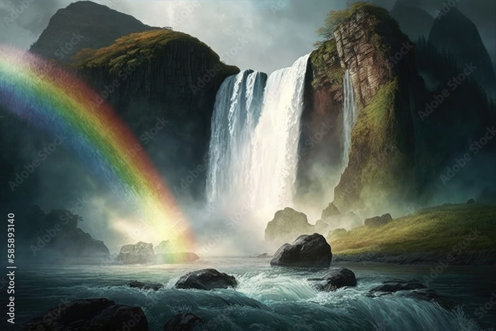 a rainbow shining over a cascading waterfall, with mist rising off the ...