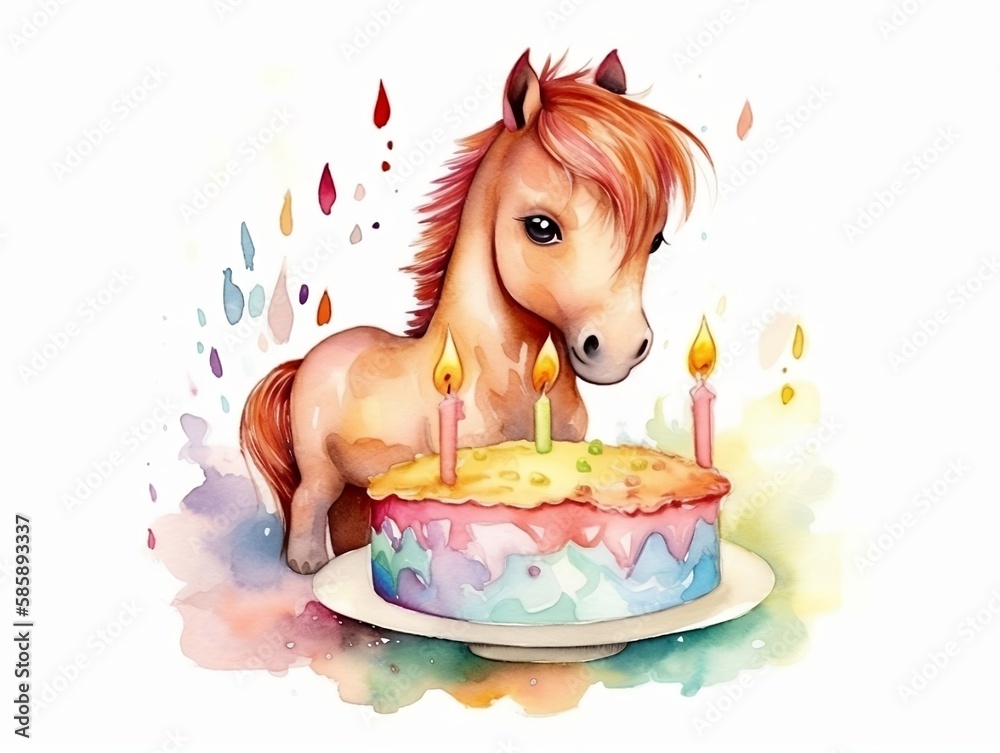 baby horse playing with birthday cake - watercolor illustration on ...