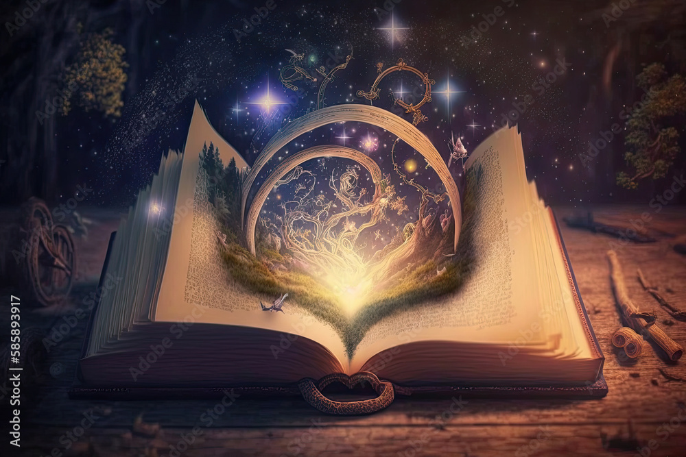 Open Magical Book With Glowing Lights Over Pages On Abstract Background Fantasy Reading
