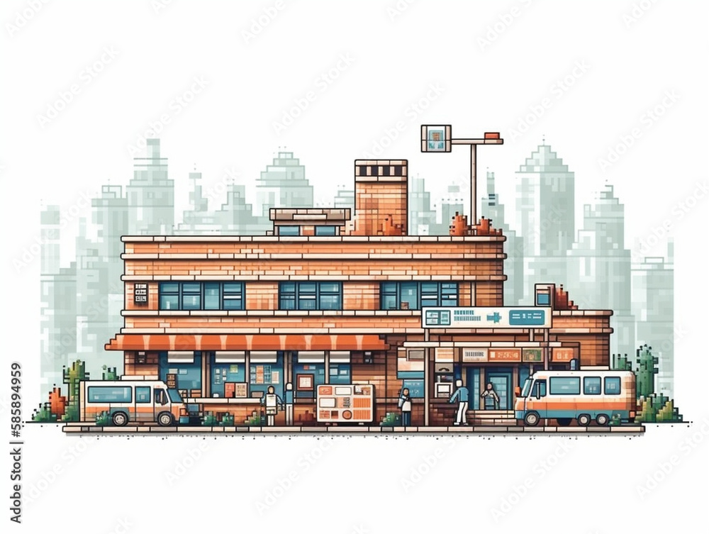pixel style art of city building in bright and contrast colours ...