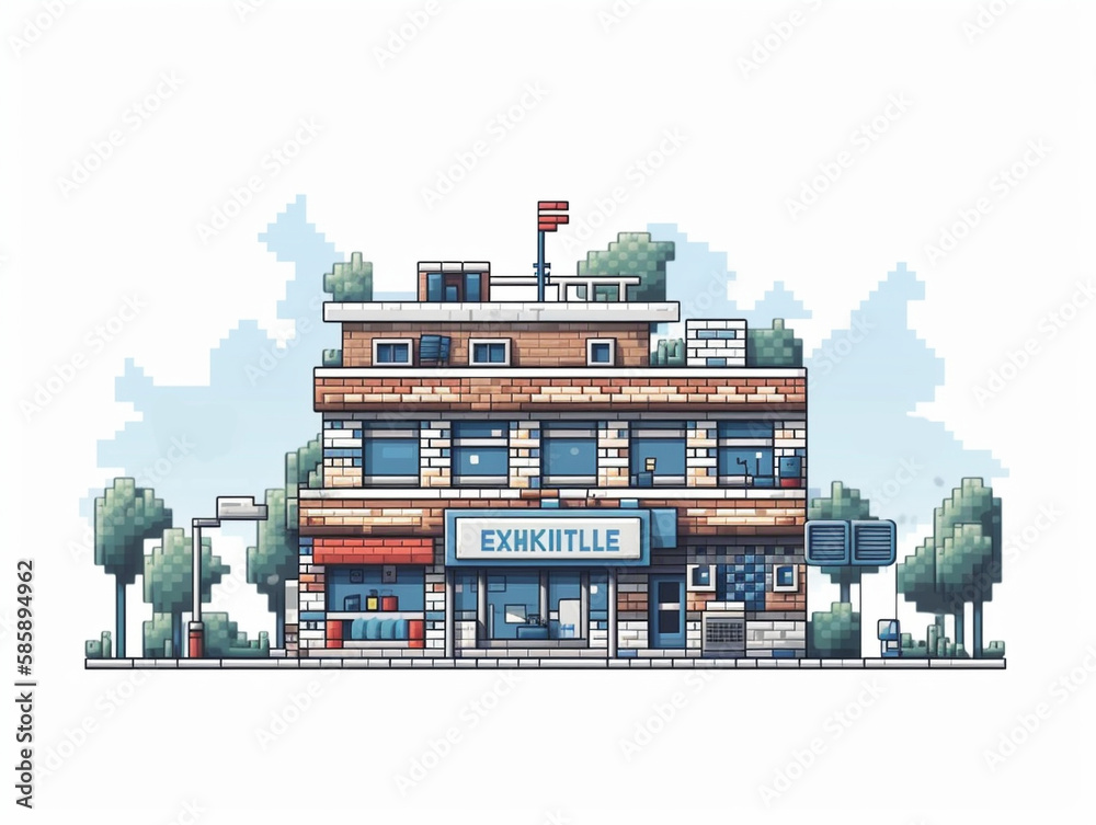 pixel style art of city building in bright and contrast colours ...