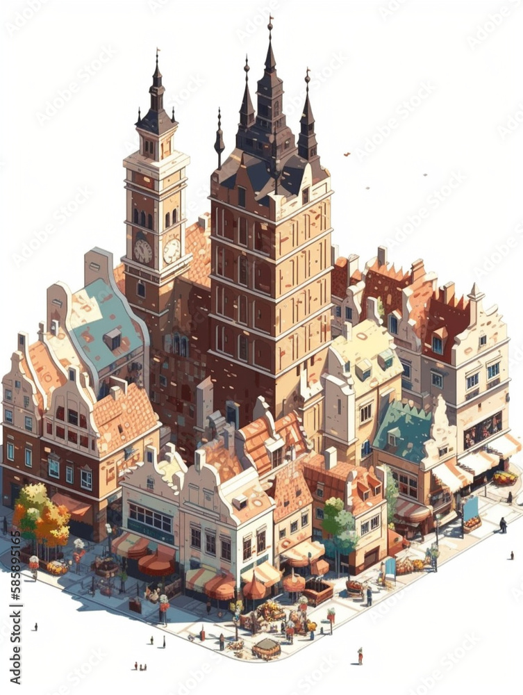 3D pixel art of retro city hall and other bouldings in European city ...