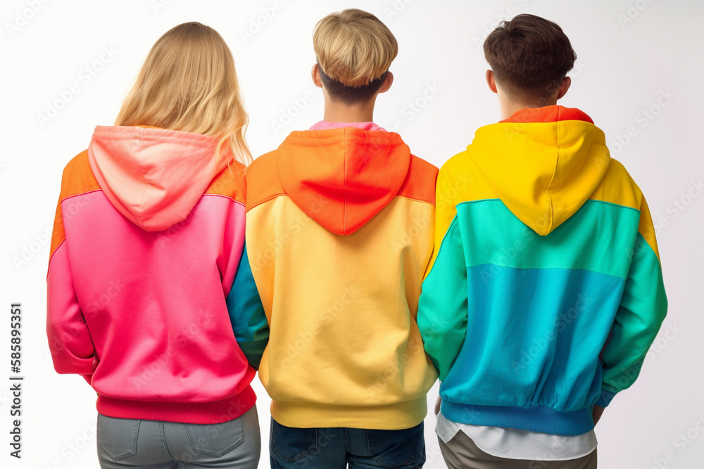 teenagers in colour and bright clothes stands on white background, back ...