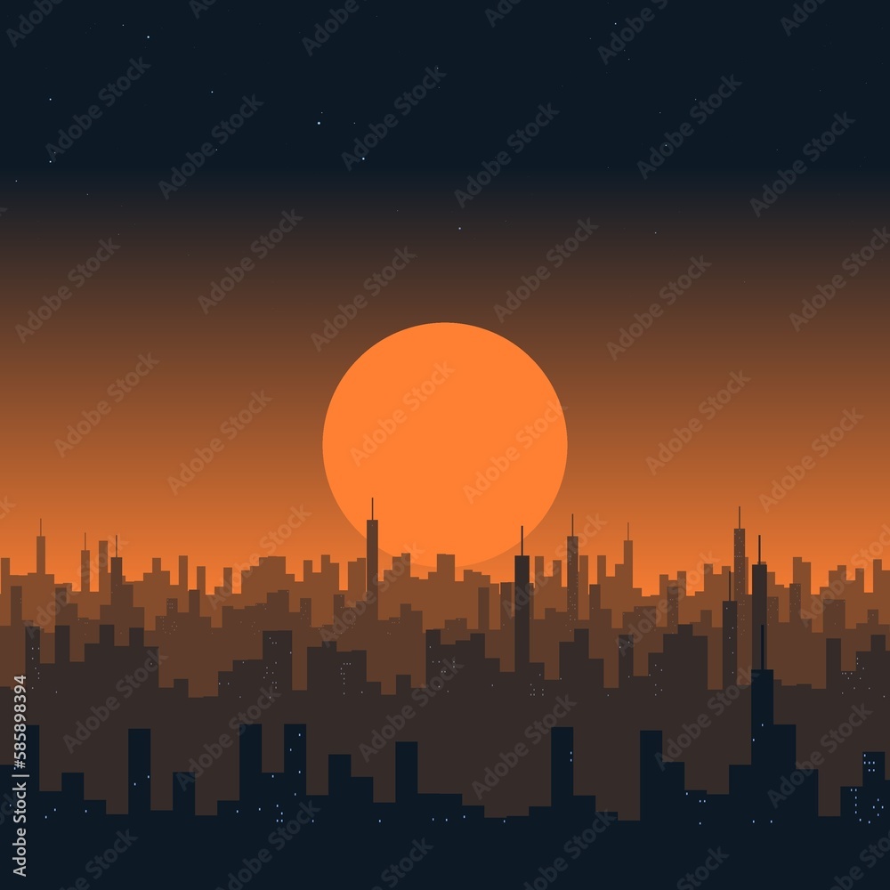 Cartoon city sunset, sky gradient with buildings stretching to the ...