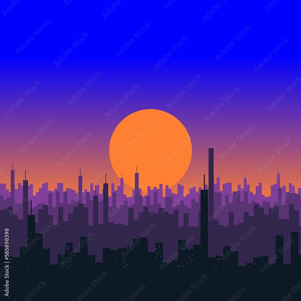 Cartoon city sunset, sky gradient with buildings stretching to the ...
