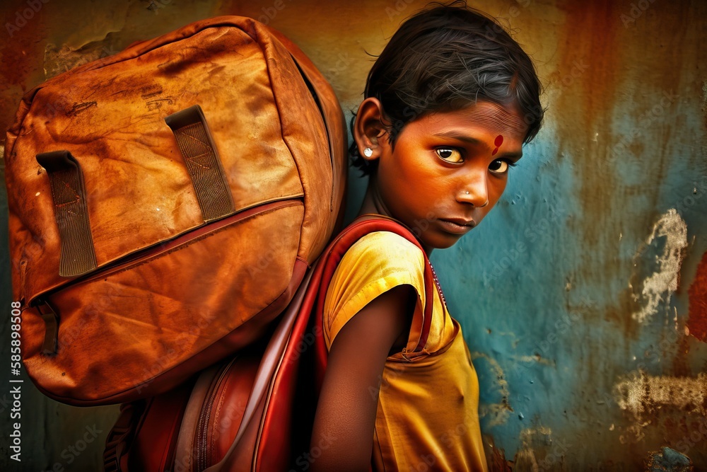 Child Labor: Indian girl carrying huge bag on the shoulders Stock ...
