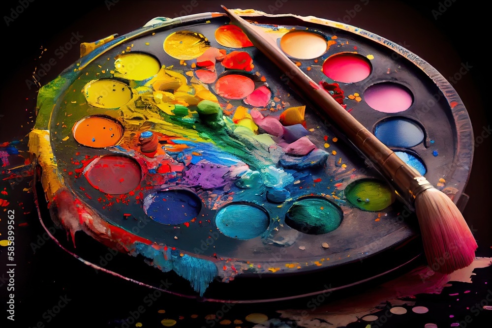 a palette of paint in all the colors of the rainbow, with a set of ...