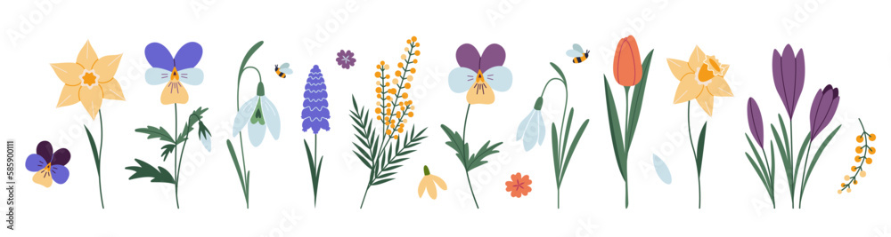 Set of various spring flowers, cartoon style. Trendy modern vector ...