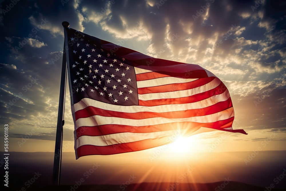 American Flag waving in front of a beautiful sunset sky. 4th of July ...
