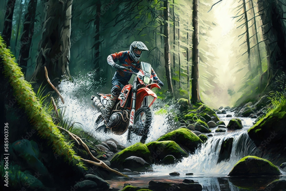remote forest setting with rally racing cross bike speeding past trees ...