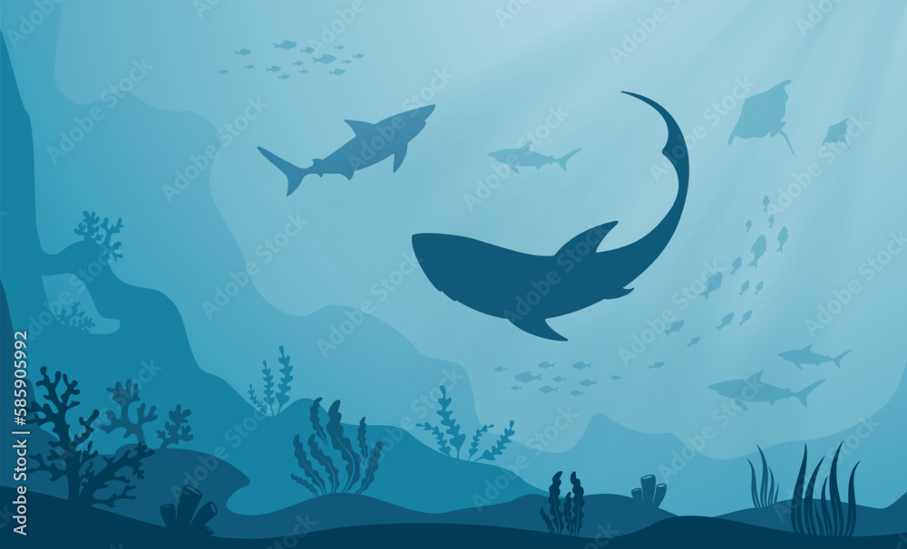 Underwater seascape. Silhouettes of sea fish, sharks, corals and algae ...