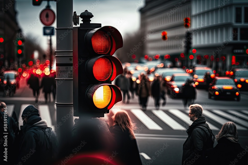 red traffic light at busy intersection, with the view of blurred cars ...