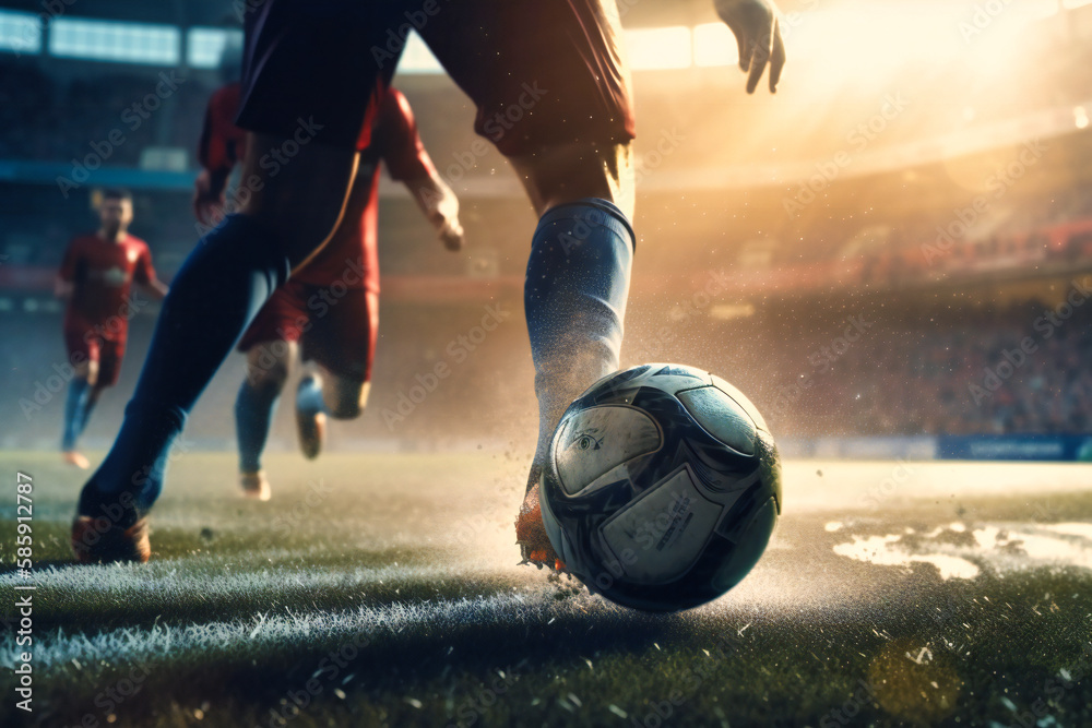 A vibrant, action-packed soccer field with players frozen mid-stride, a ...
