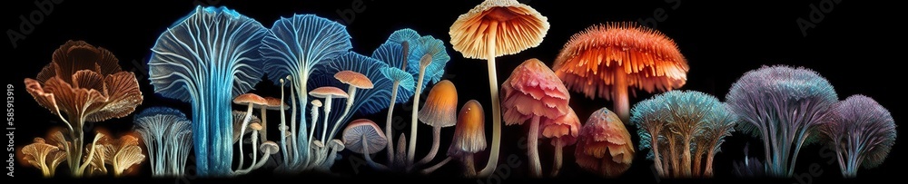 Panoramic banner, various mushroom species, every size and color in a ...