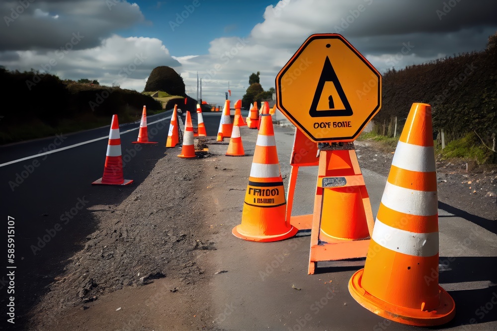 traffic cones and warning signs marking repair work on busy road ...