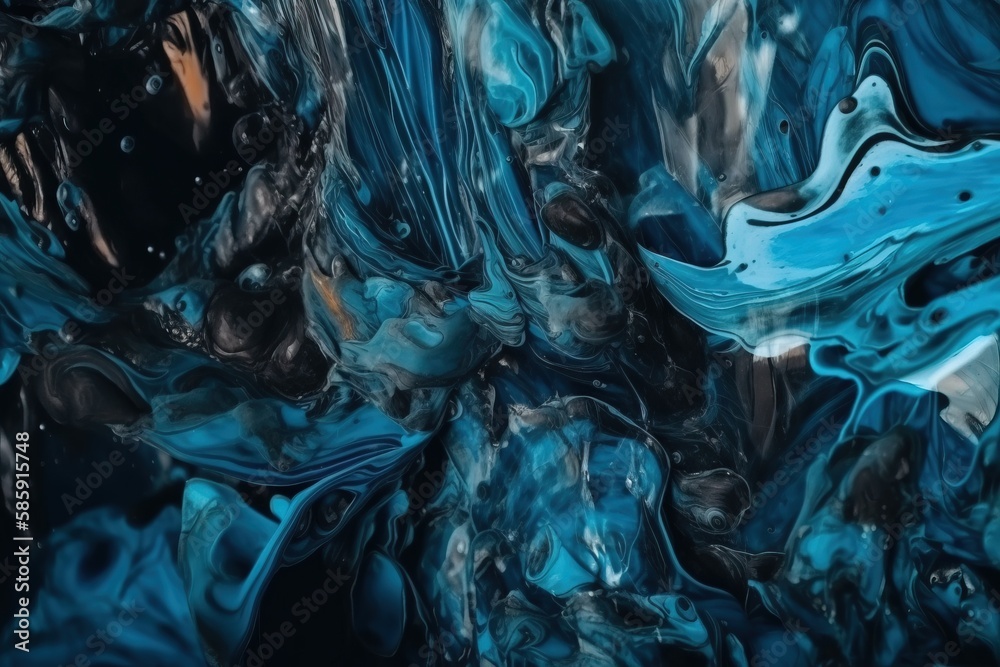 a blue and black abstract painting with a black background and white ...