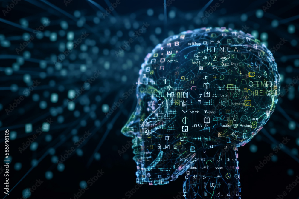 Artificial intelligence concept, a digital humanoid android robot face. AI technology, Chat GPT ...