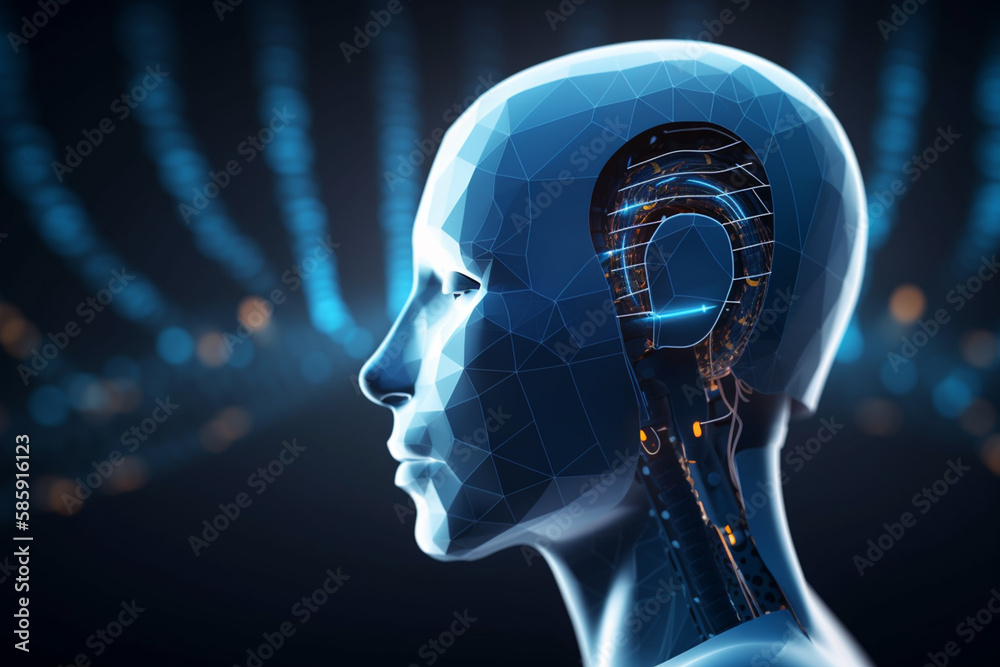 Artificial intelligence concept, a digital humanoid android robot face. AI technology, Chat GPT ...