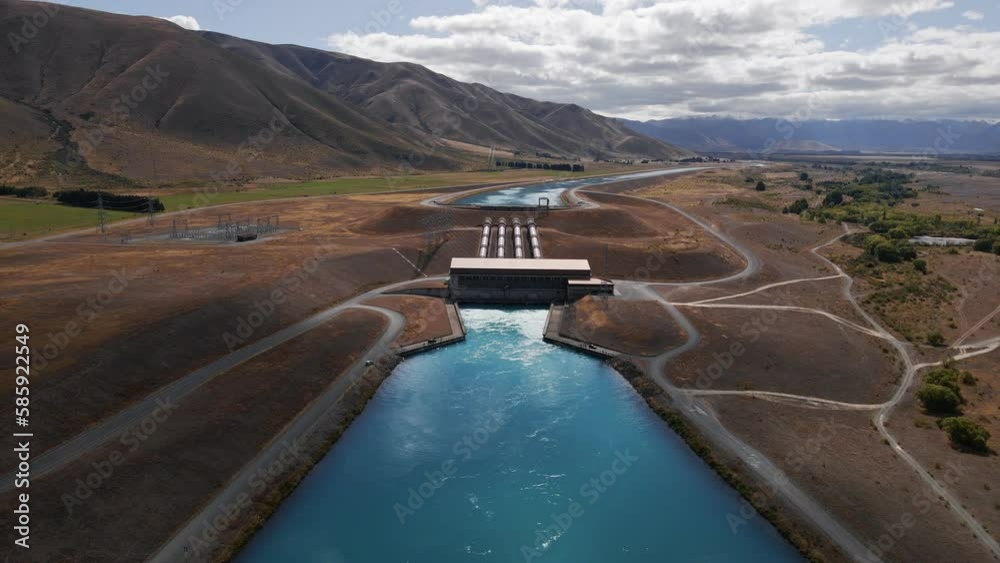 Aerial of Ohau C power station and water canals, part of Waitaki hydro ...