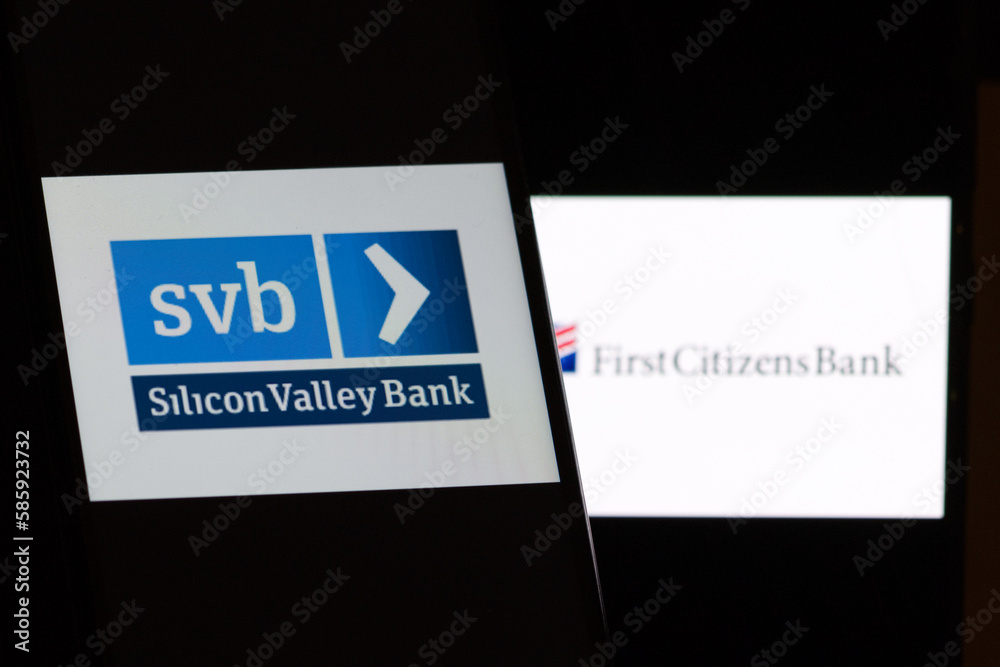 Silicon Valley Bank (SVB) logo on white smartphone screen in front of ...