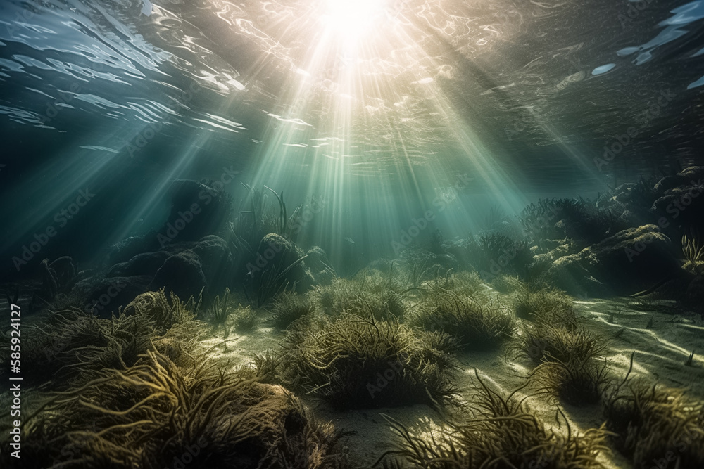 View underwater to surface ocean, sunbeam penetrate through the top ...