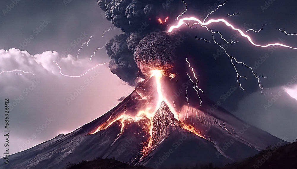 Volcanic Eruption and Lightning - Generative Ai Stock Illustration ...