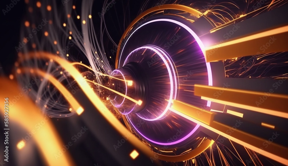 Abstract Technology Background. Spirals of Digital Light. Glowing Neon ...