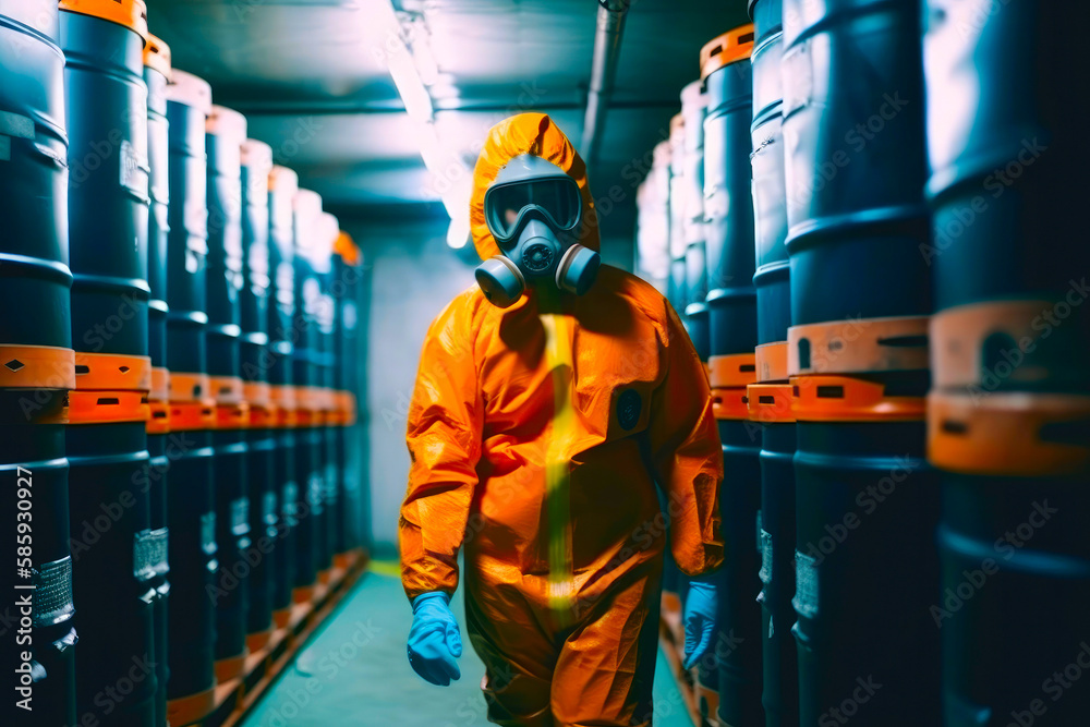 Radiation storage. Man in high-tech protective anti-radiation suit in ...