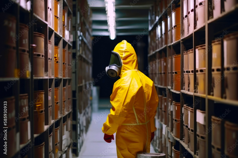 Radiation storage. Man in high-tech protective anti-radiation suit in ...