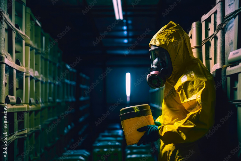 Radiation storage. Man in high-tech protective anti-radiation suit in ...