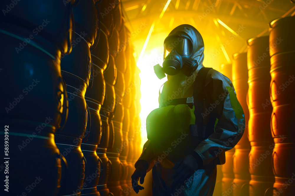 Radiation storage. Man in high-tech protective anti-radiation suit in ...