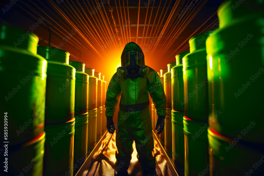 Radiation storage. Man in high-tech protective anti-radiation suit in ...