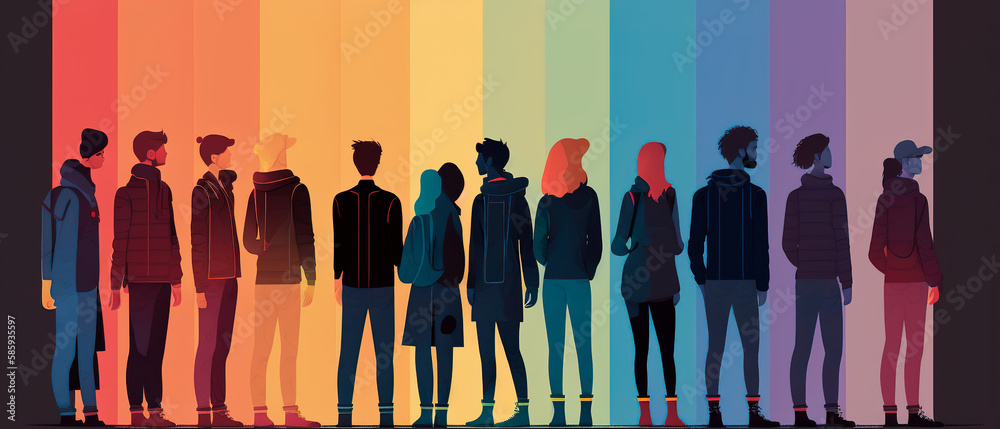 Colorfully people dressed in vibrant rainbow hues. Diverse group of men ...