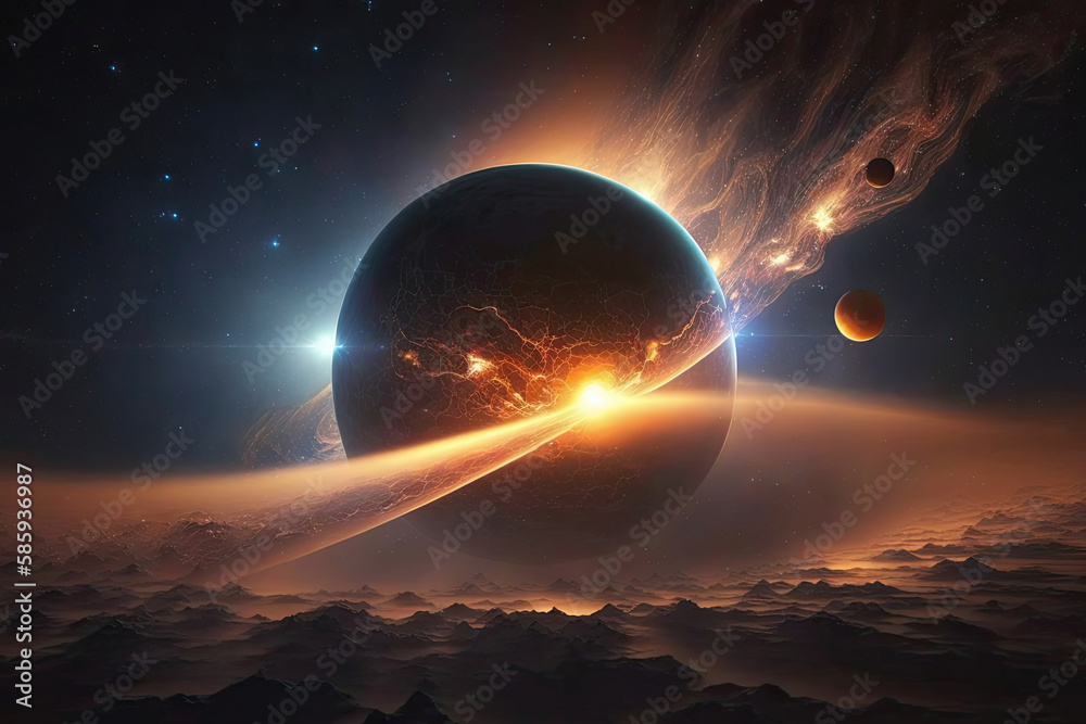 dark sun with beginning supernova from which light breaks out, smaller ...