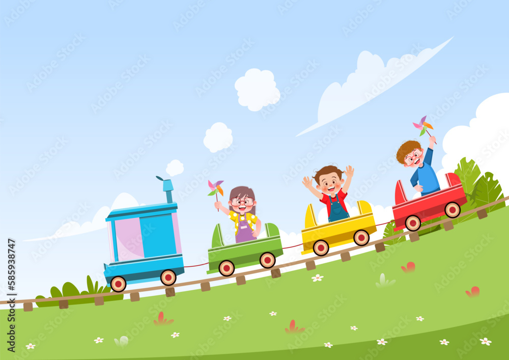 Children and friends happily ride on the train.with landscape ...