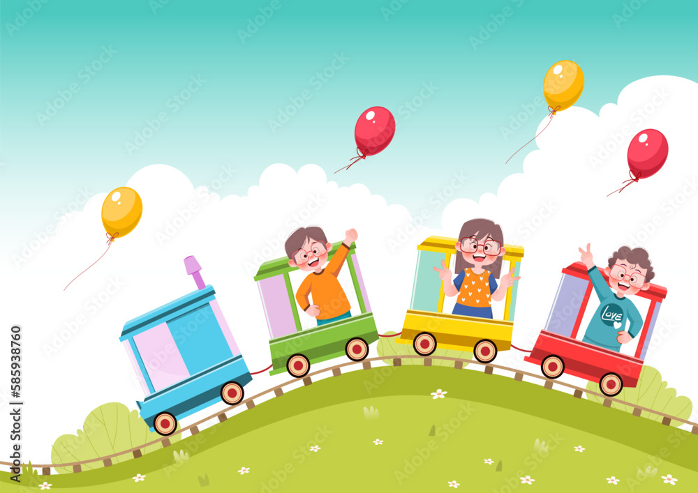 Children and friends happily ride on the train.with landscape ...