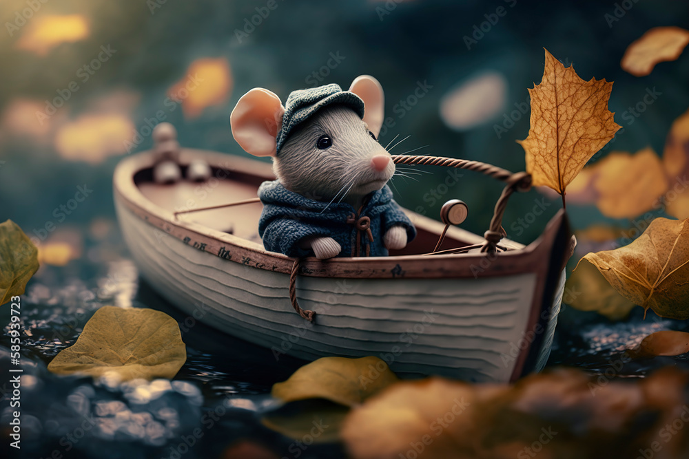 Mouse in the boat floats on an autumn pond, mouse dressed like a sailor ...