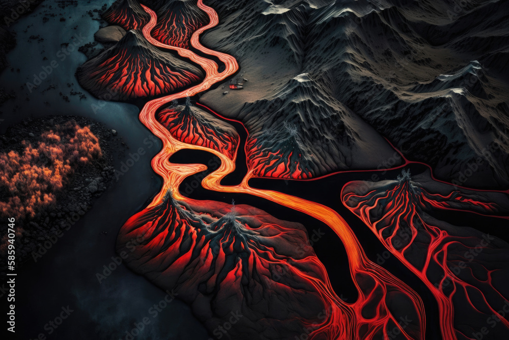 large branching lava flow snakes through a mountain range created with ...
