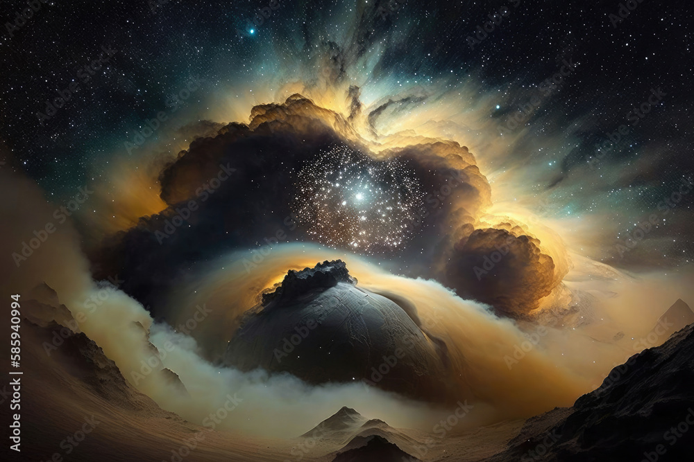 interstellar white nebula, numerous stars and planets in the sky ...