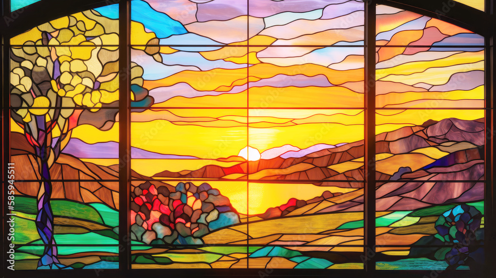 Sun shining through a sunset landscape themed stained glass window ...