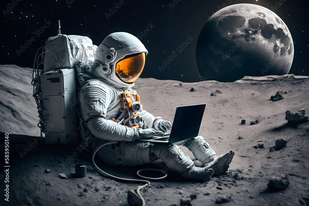 Astronaut in outer space working on a laptop. Neural network AI ...