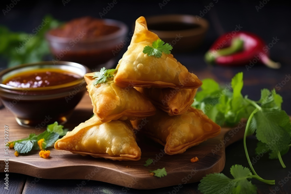 stack of golden-brown samosas with a savory potato filling, garnished ...
