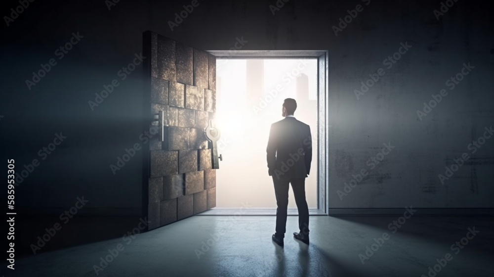 Back view of businessman standing in abstract key opening in wall with ...