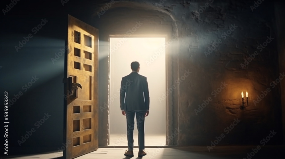 Back view of businessman standing in abstract key opening in wall with ...