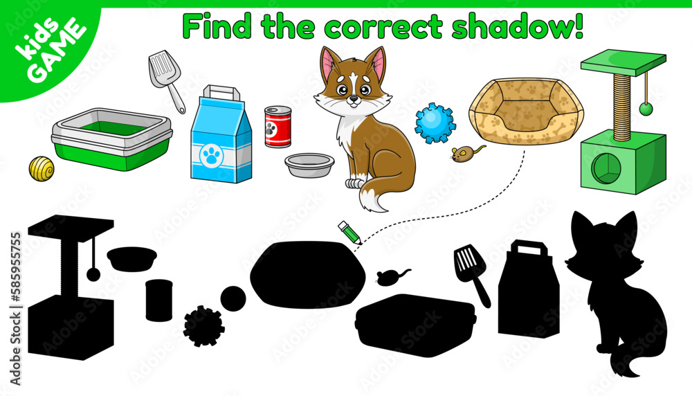 Educational game for children. Find the correct shadow. Activity book ...