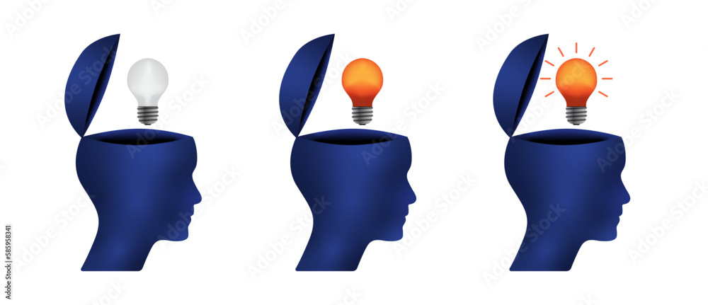 Blue open minded character set with lightbulb. 3d idea concept ...